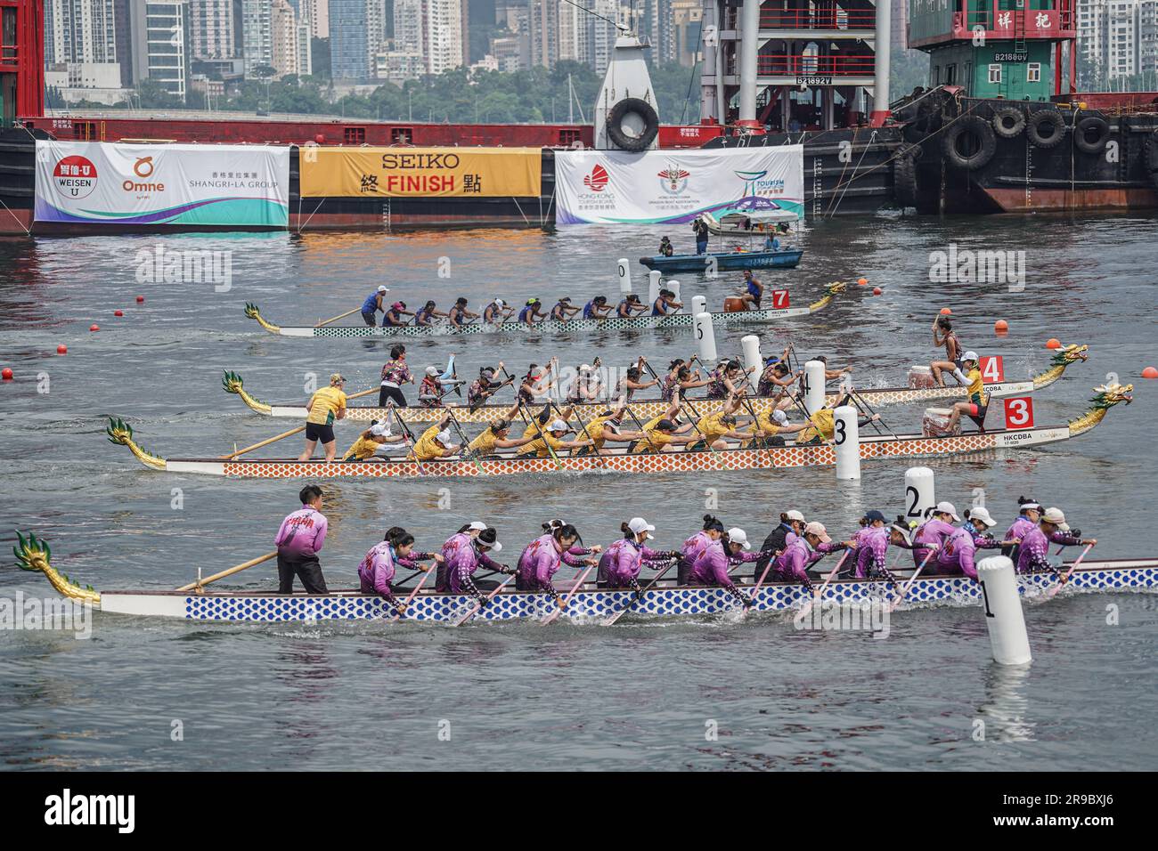 Participants compete in a dragon boat race at the Victoria Harbour. The Hong Kong International ...