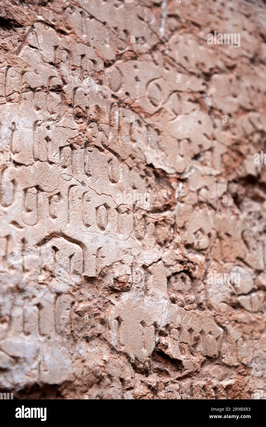 Medieval stone script and carvings on the exterior of Frauenkirche in ...