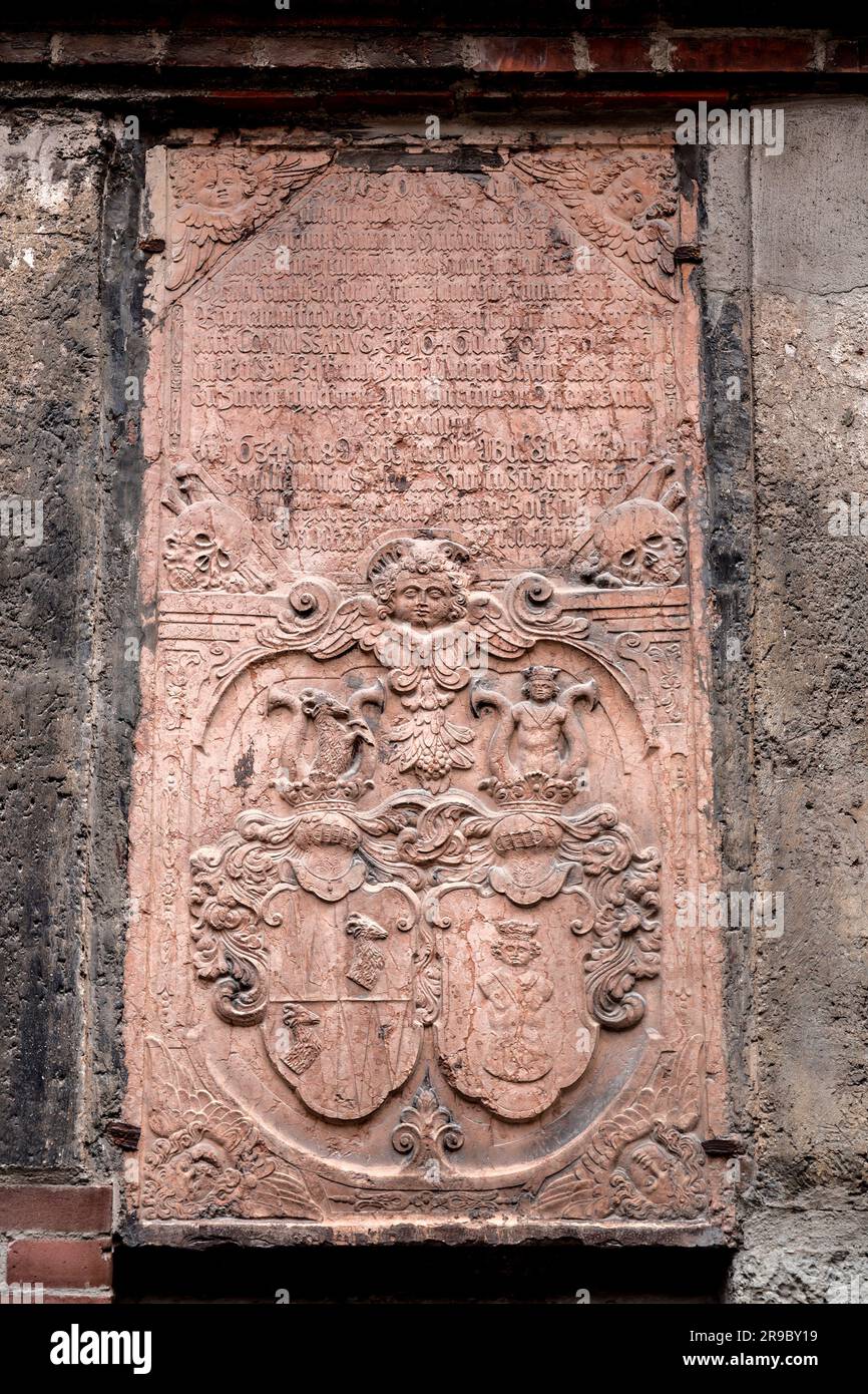Medieval stone script and carvings on the exterior of Frauenkirche in ...