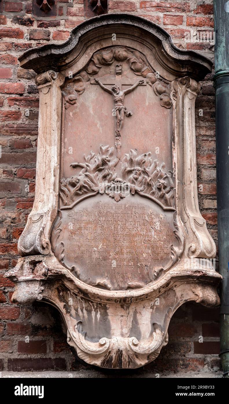 Medieval stone script and carvings on the exterior of Frauenkirche in ...