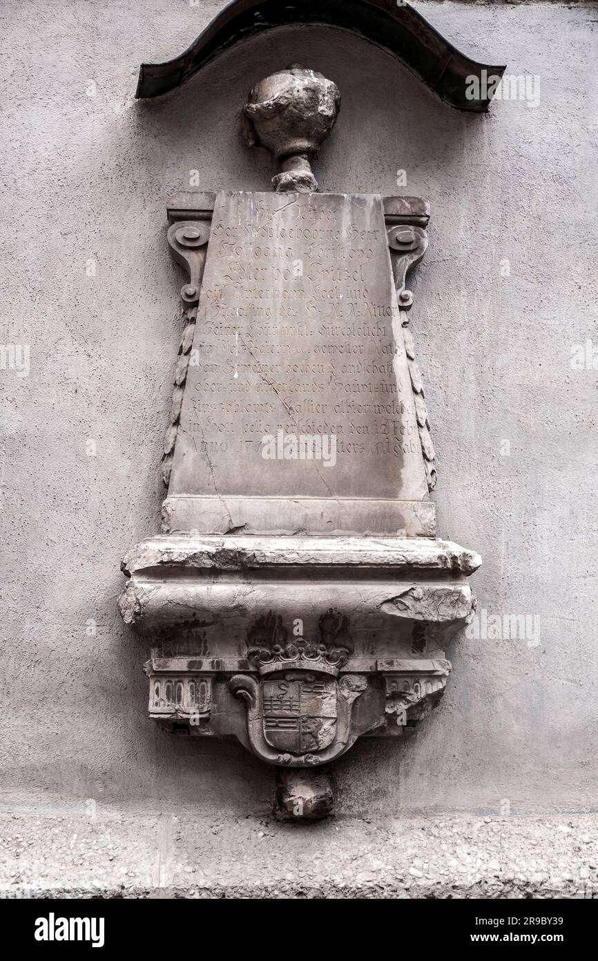 Medieval stone script and carvings on the exterior of Frauenkirche in ...