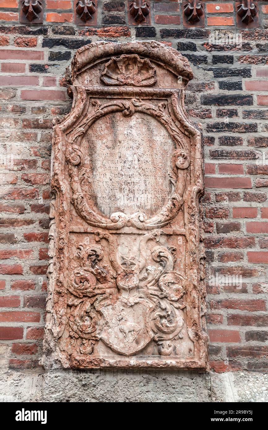 Medieval stone script and carvings on the exterior of Frauenkirche in ...
