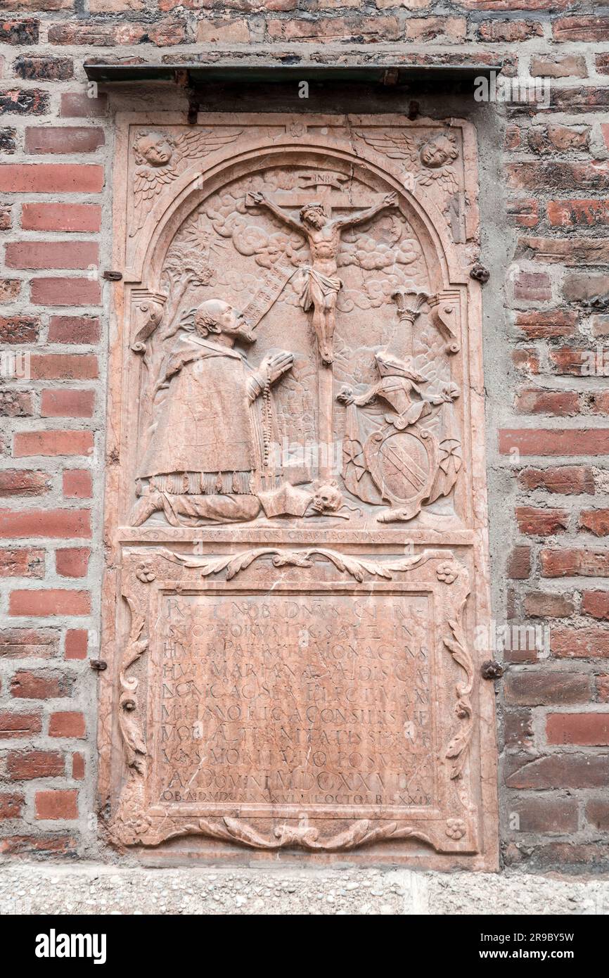 Medieval stone script and carvings on the exterior of Frauenkirche in ...