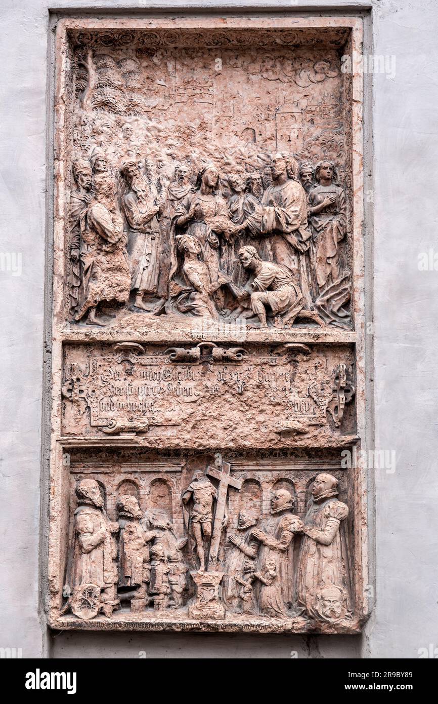Medieval stone script and carvings on the exterior of Frauenkirche in ...