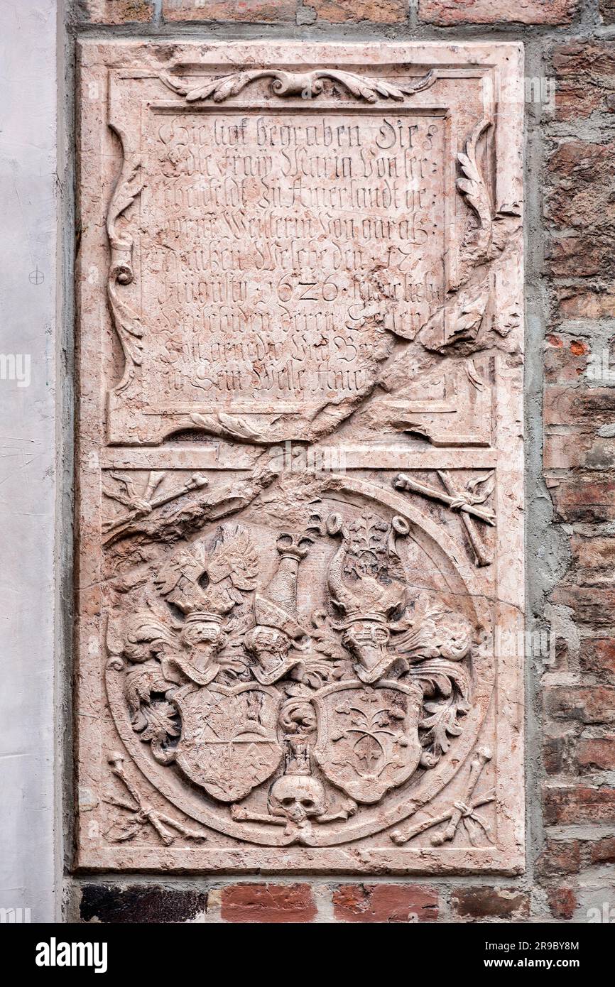 Medieval stone script and carvings on the exterior of Frauenkirche in ...