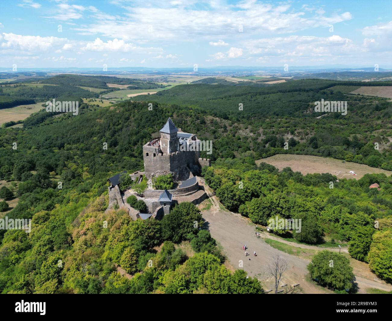 A majestic castle positioned atop a lush, green hillside, surrounded by ...