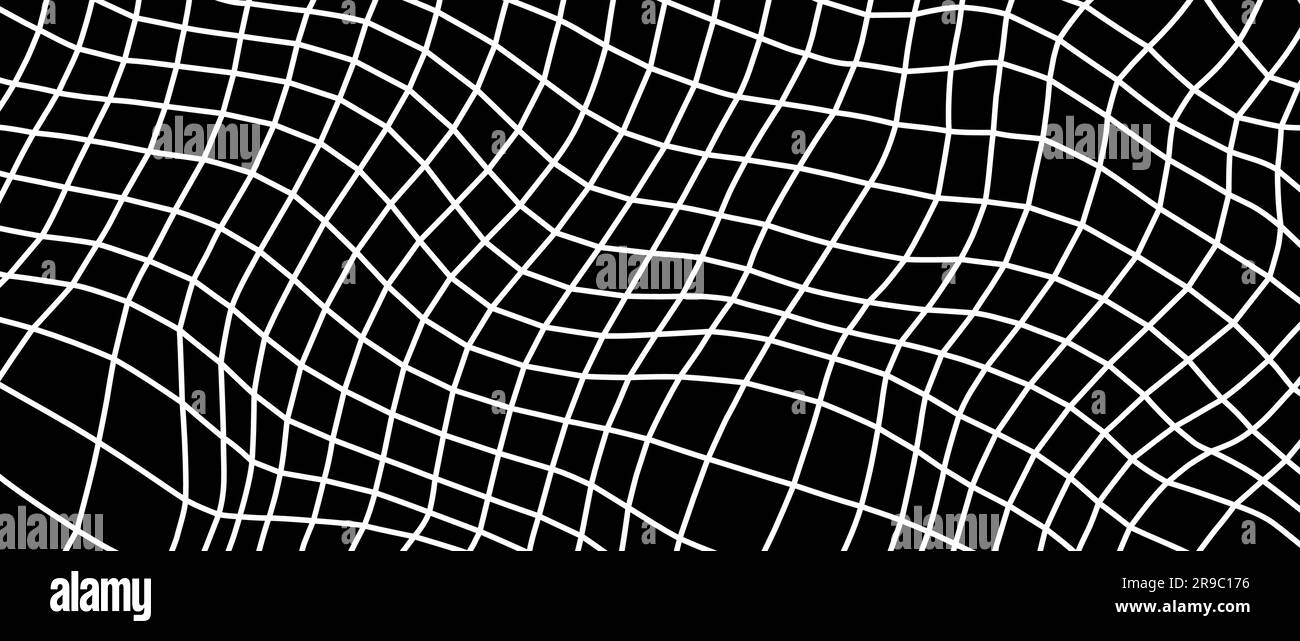 Distorted outline wireframe background. Abstract wavy chessboard wallpaper. Warped curved grid ...