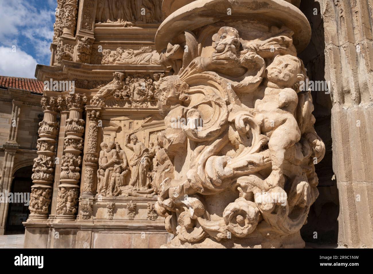 Detail of a column’s ornate stone carving on the facade of the Catedral ...