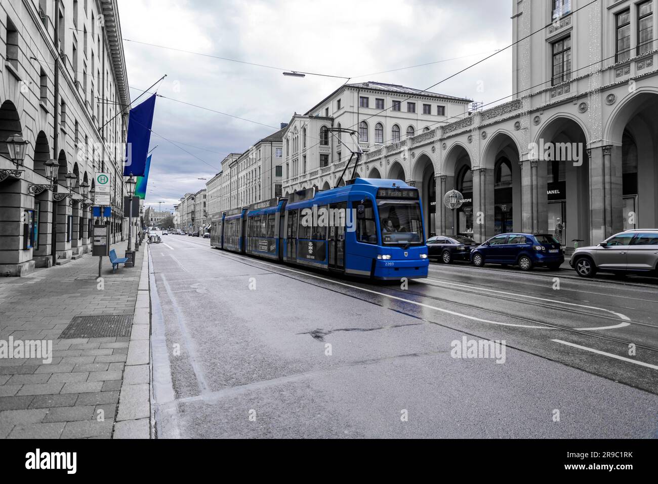 Munich, Germany - December 25, 2021: Electric light rail tram in Munich ...