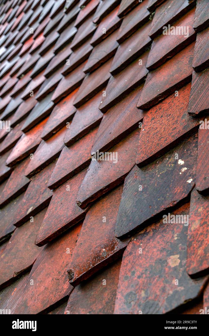 Wall fragment with medieval ceramic tiles in diamond scale shape ...