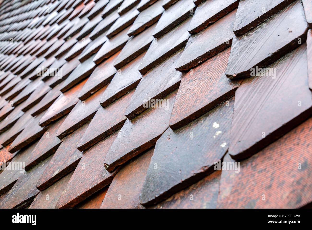 Wall fragment with medieval ceramic tiles in diamond scale shape ...