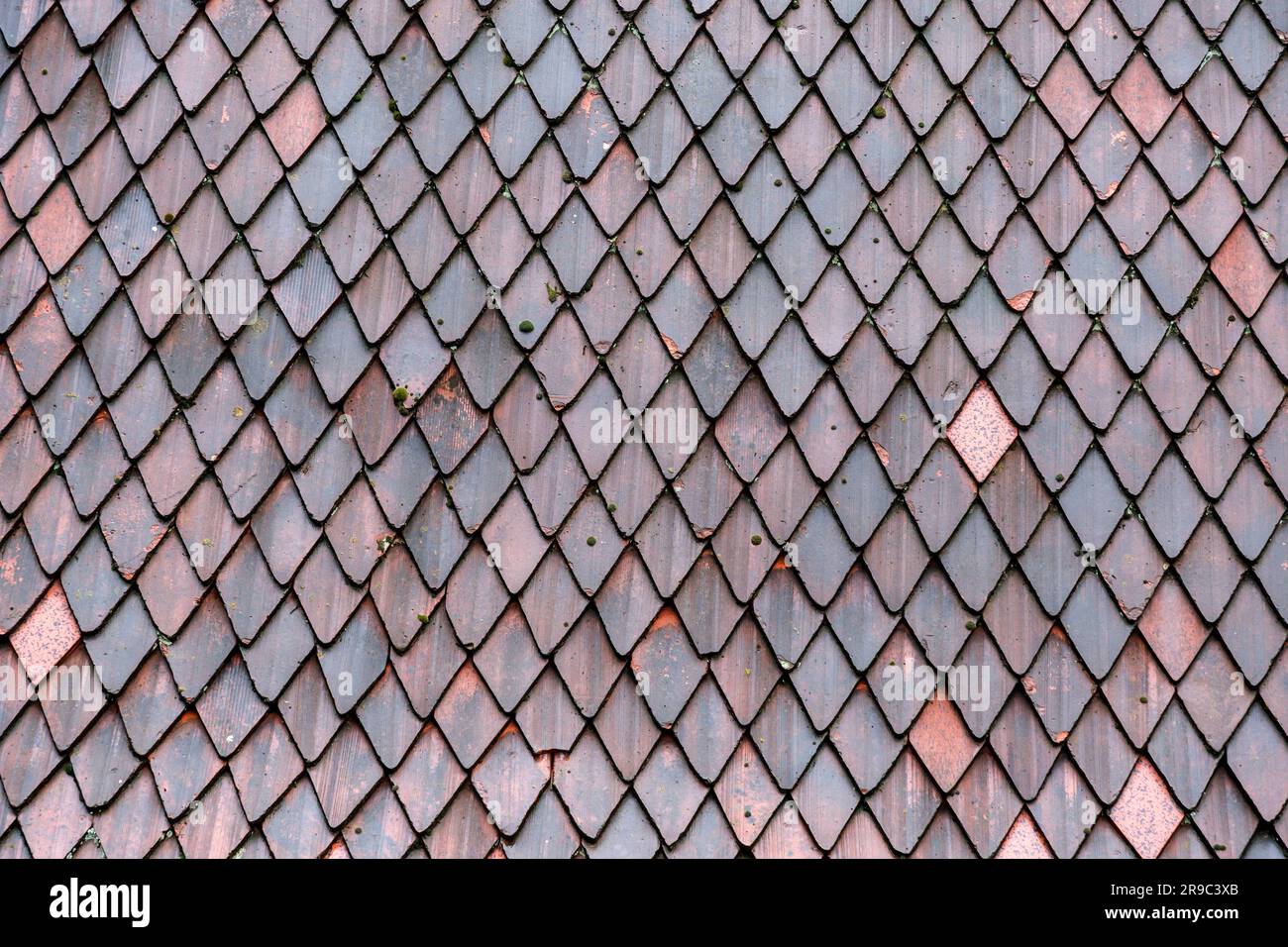 Wall fragment with medieval ceramic tiles in diamond scale shape ...