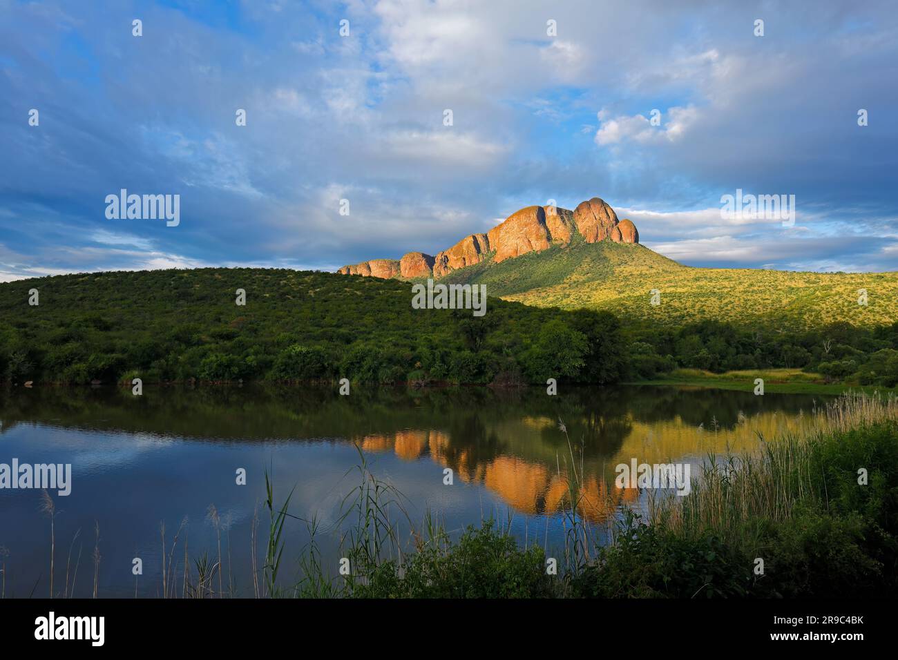 Scenic mountain landscape with water reflection, Marakele National Park ...