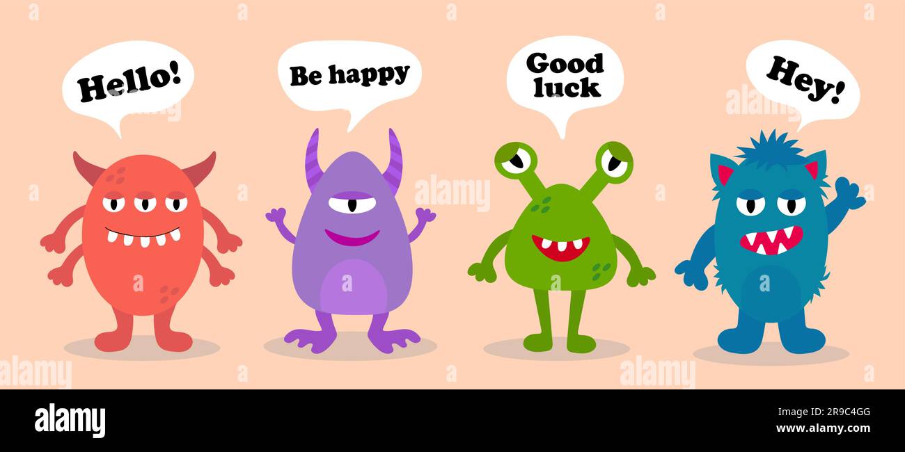Cartoon funny monsters with text. Set of cute monsters for kids design ...