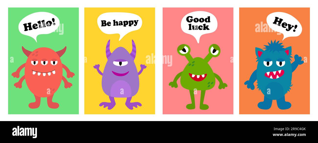 Cartoon and funny monsters cards with text. Set of cute monster ...