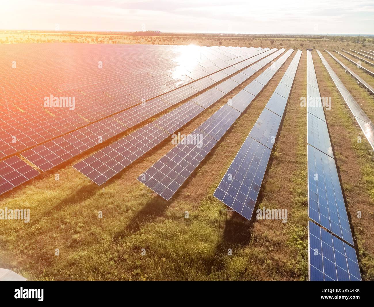 Aerial top view of a solar panels power plant. Photovoltaic solar ...