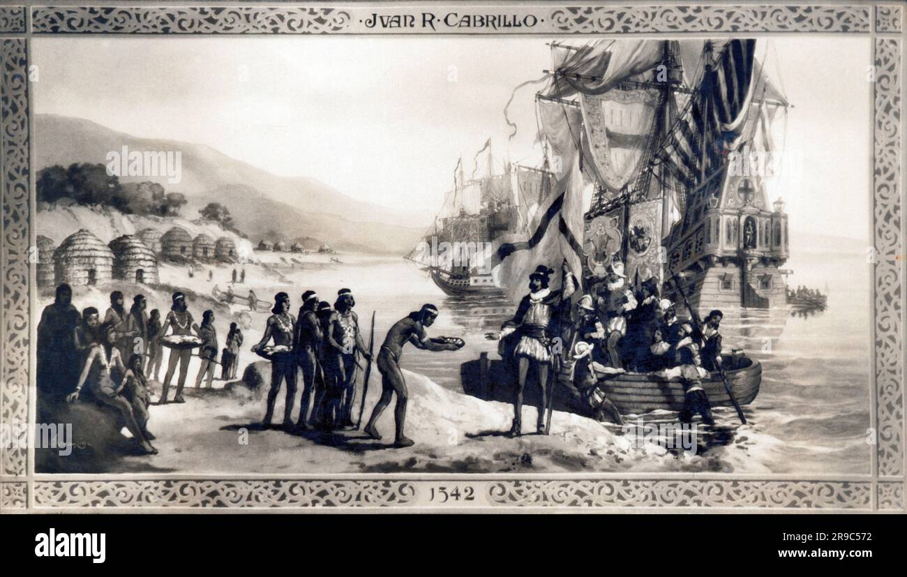 California: 1542 A painting depicting Juan Rodriguez Cabrillo meeting ...