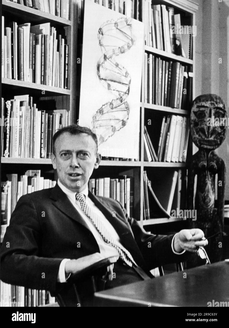 United States: c. 1962 Dr. Jame D. Watson sitting at his desk in front ...