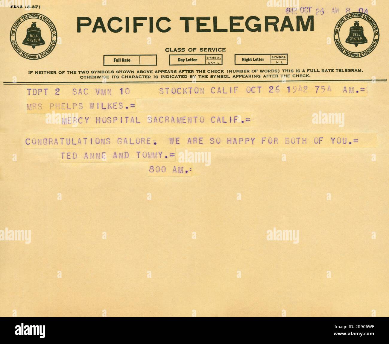 Stockton, California: October 26, 1942 A telegram congratulating a ...