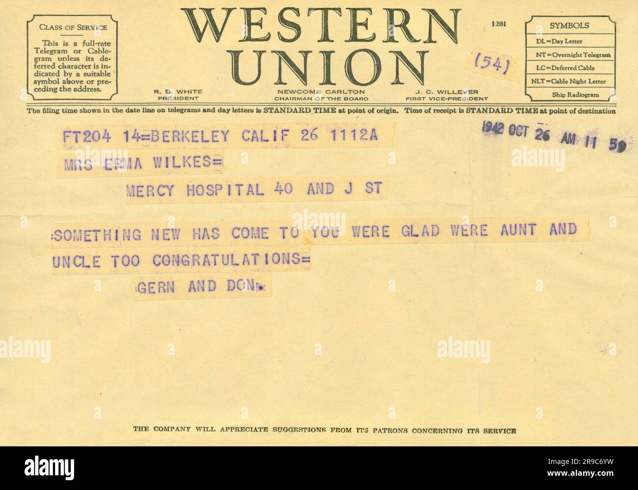 Berkeley, California: October 26, 1942 A telegram congratulating a ...