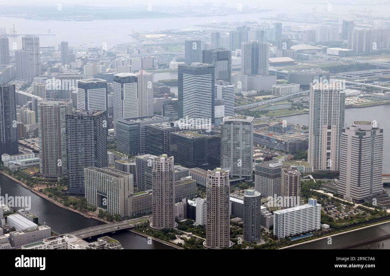 An aerial photo shows high-rise building condominium group in the town of Toyosu in Koto Ward ...
