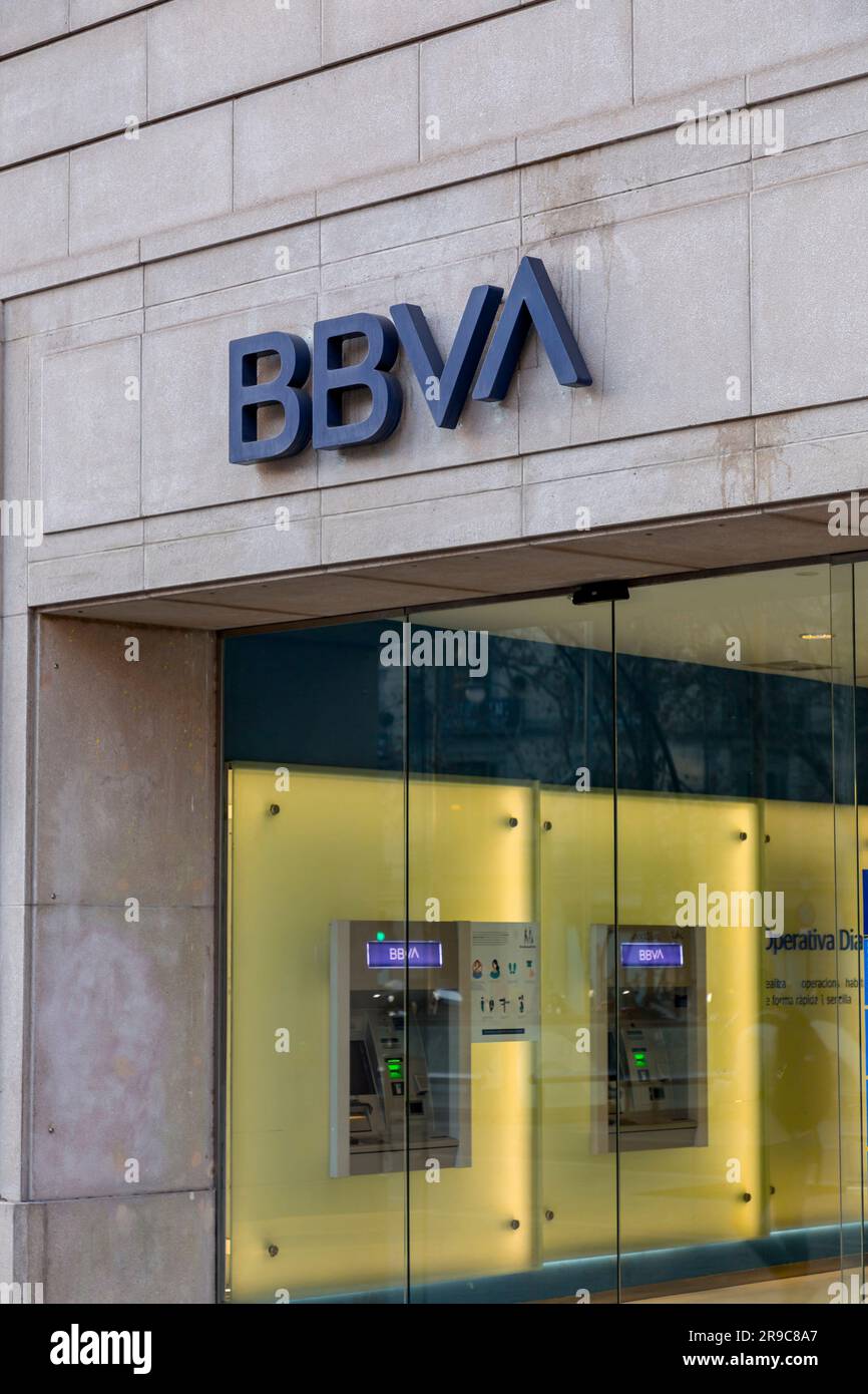 Barcelona, Spain - February 10, 2022: BBVA bank signage and entrance ...