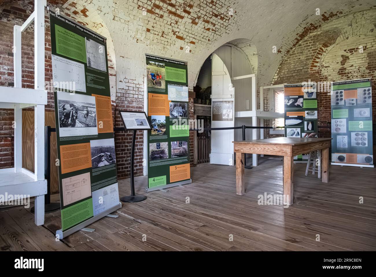 Interior room with informational banners at Fort Pulaski on Cockspur ...