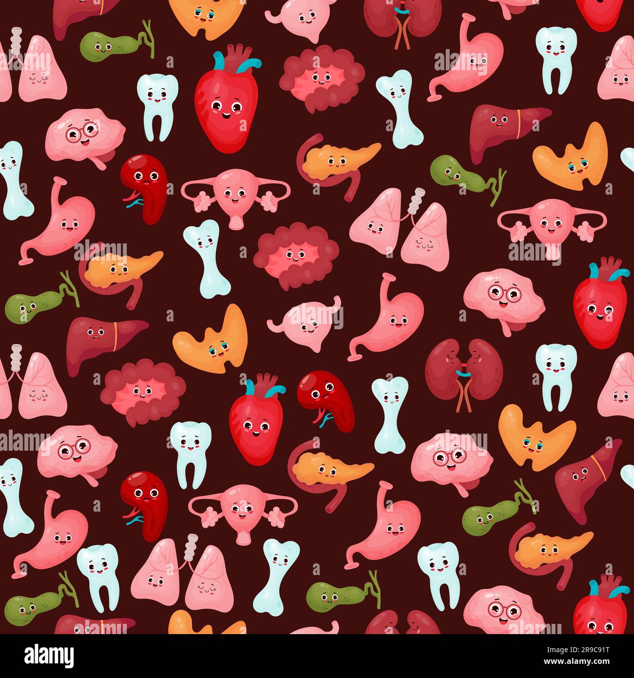 Seamless pattern with human internal organs. Cute cartoon anatomical ...
