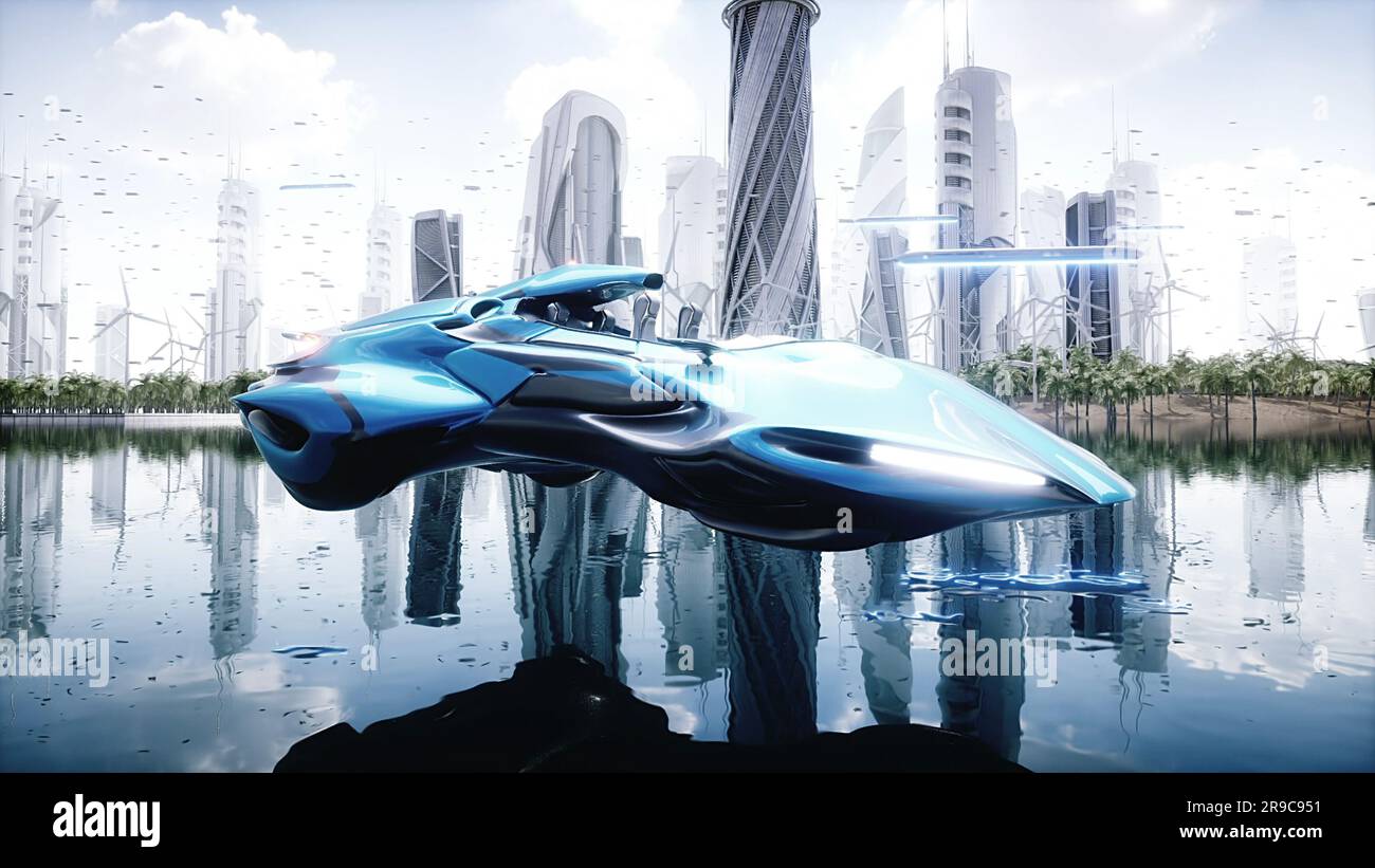 fying car in futuristic city. Future concept. 3d rendering Stock Photo ...