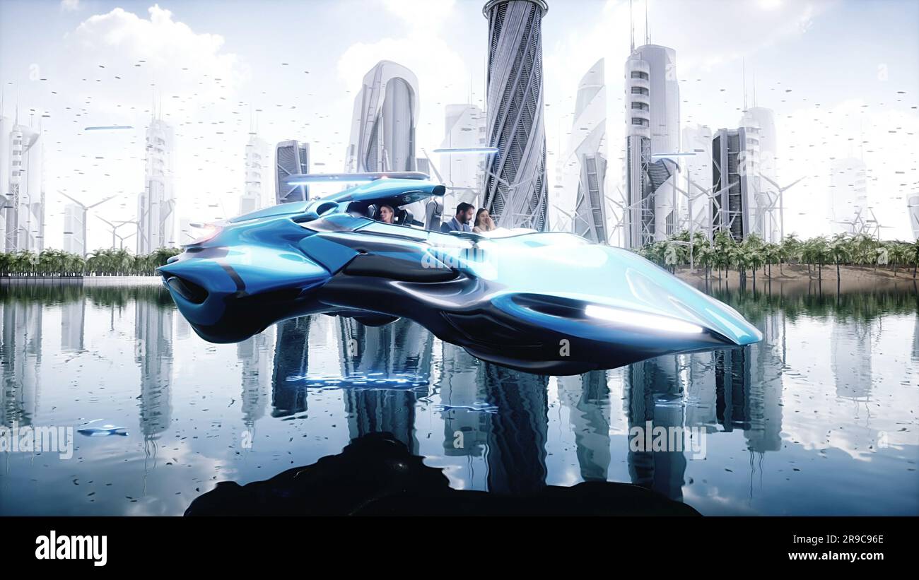 fying car in futuristic city with people.. Future concept. 3d rendering ...