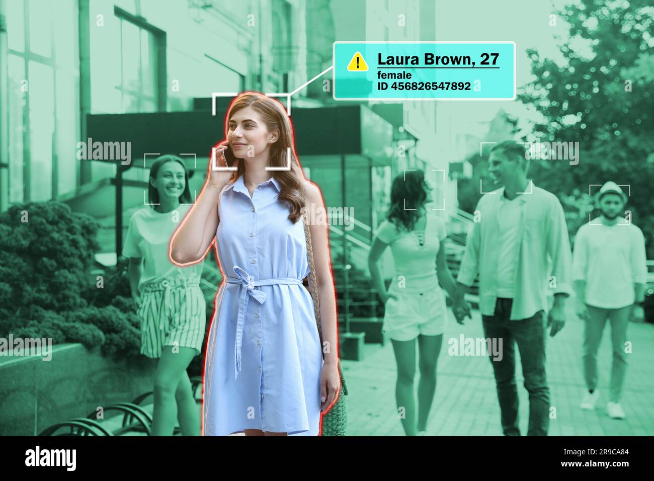 Facial recognition system identifying people on city street. AI giving ...