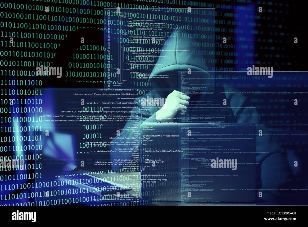 Cyber attack. Hacker working with computers and breaking system to steal information on dark ...