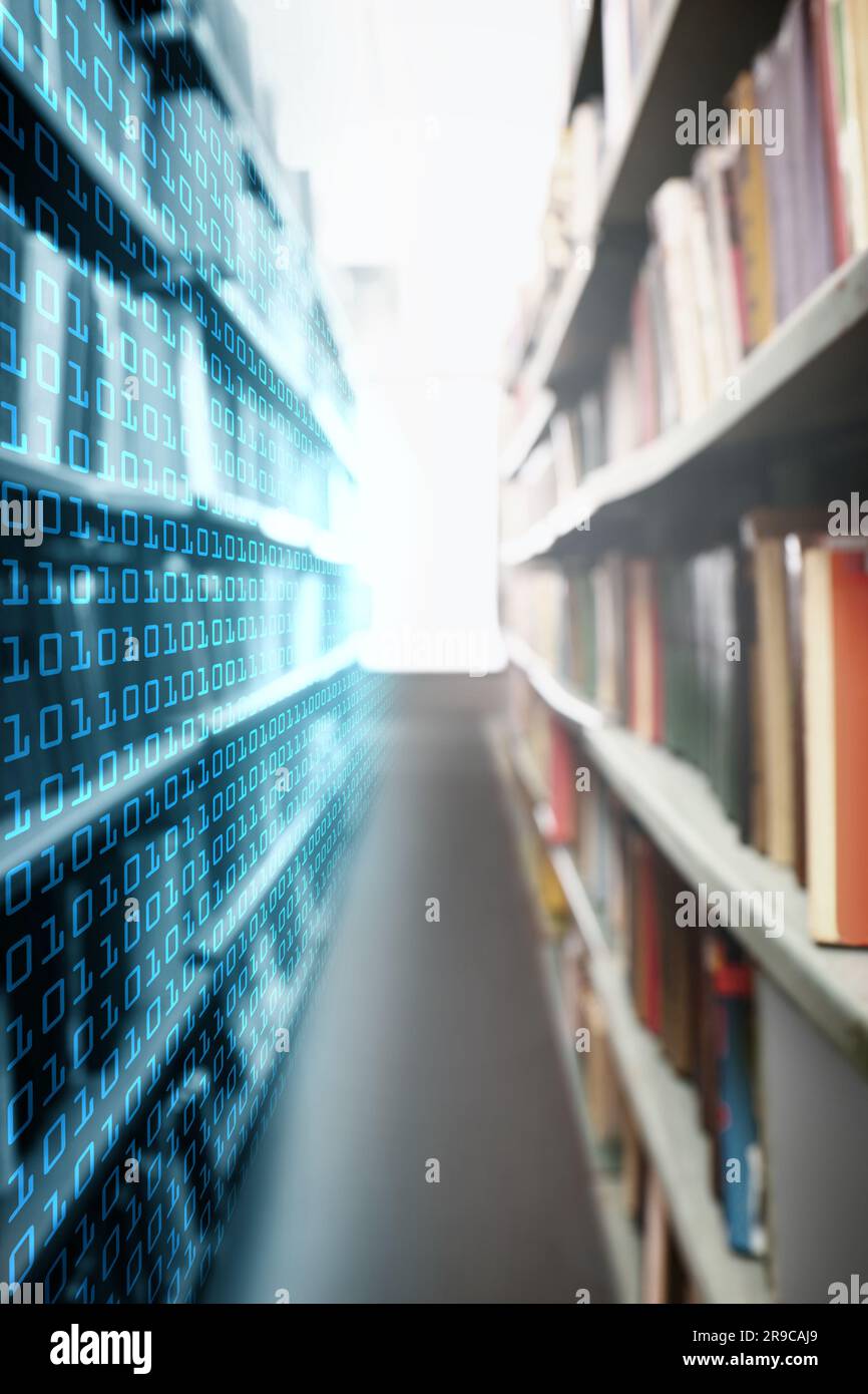 Digital archive. One of storage racks covered with binary code and ...