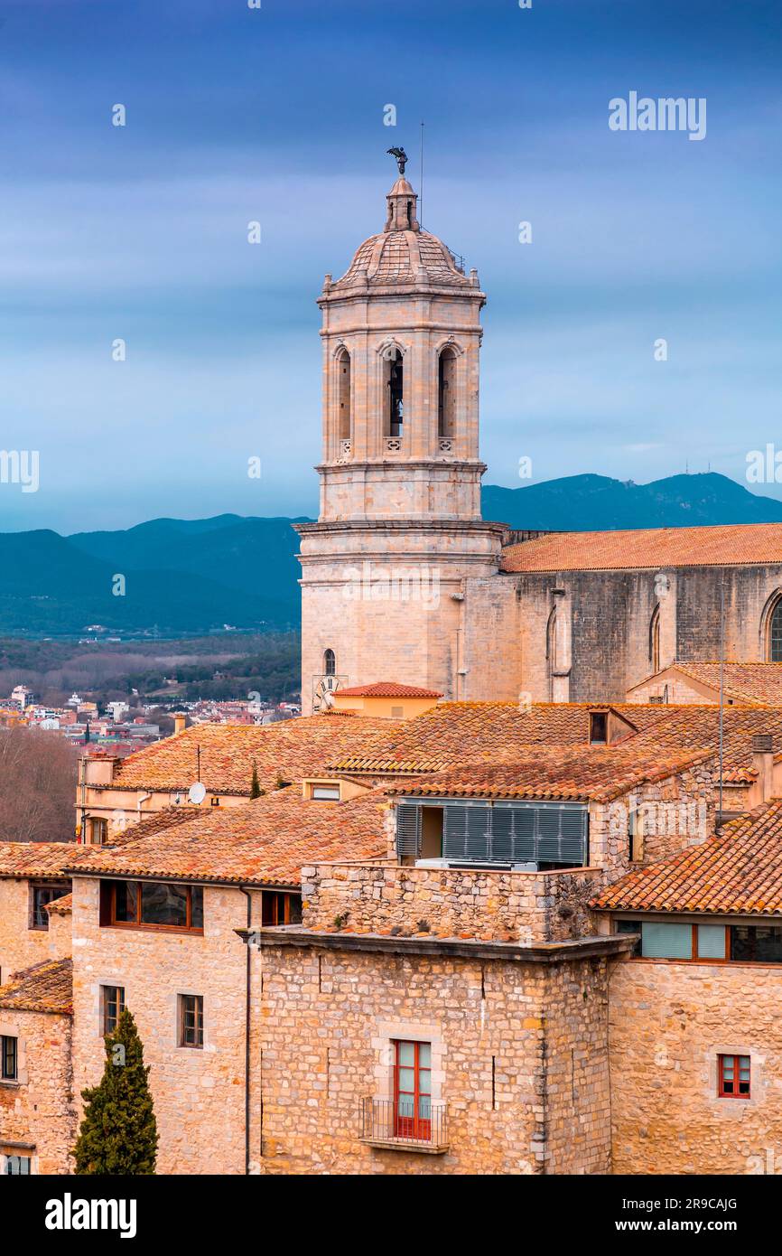 The tower of the Girona Cathedral or Catedral de Santa Maria de Girona ...