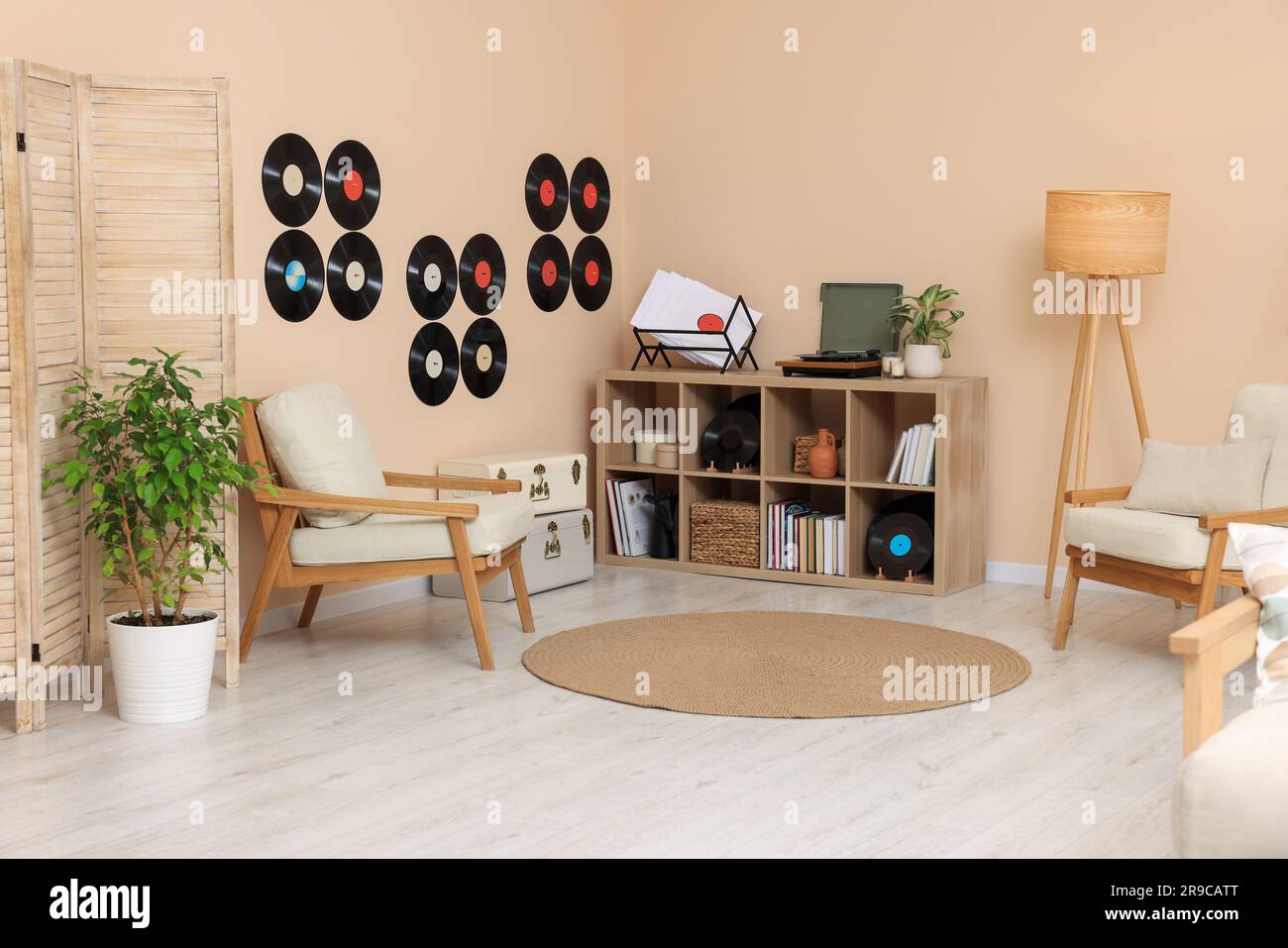 Living room interior decorated with vinyl records Stock Photo - Alamy