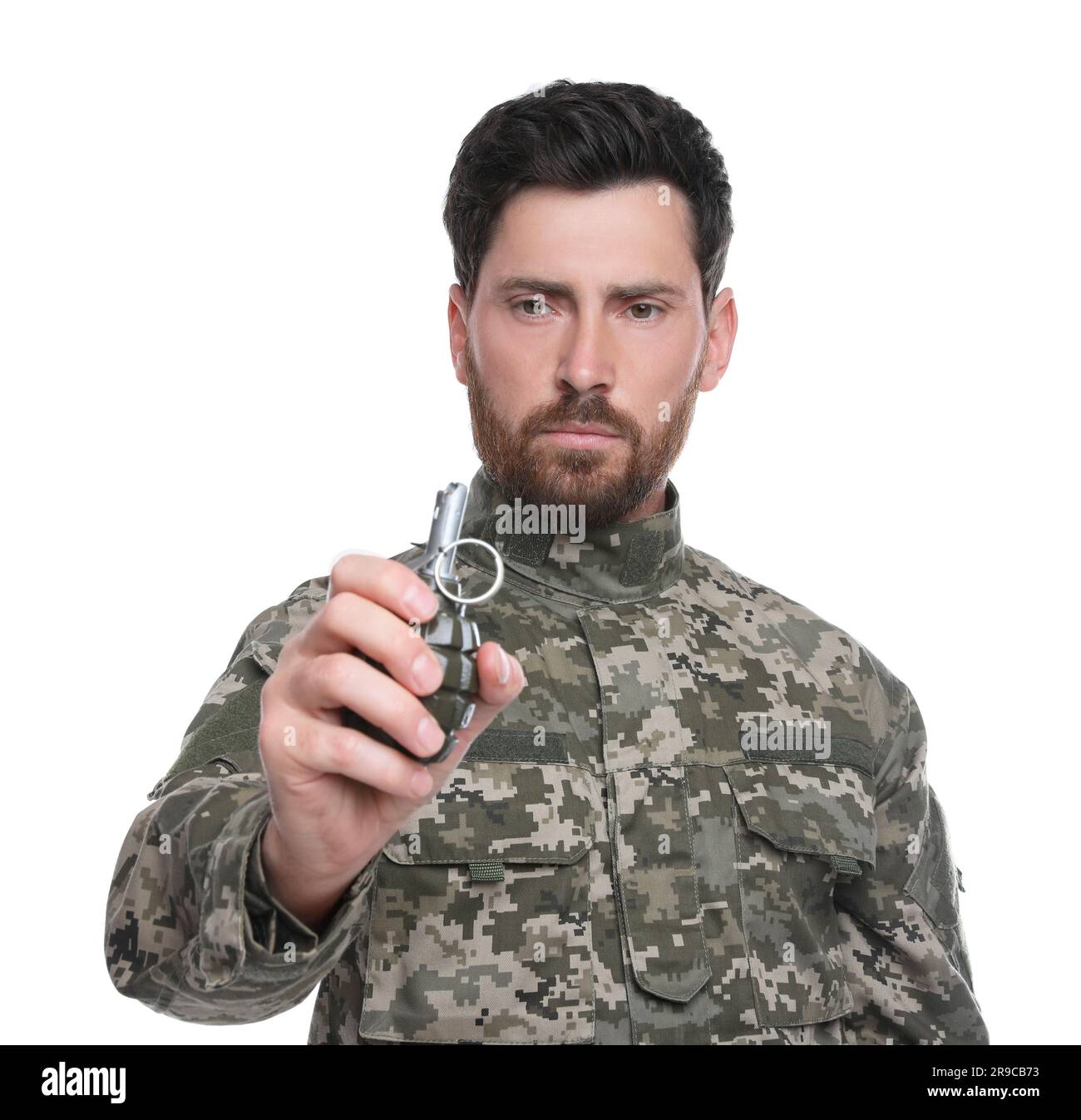 Soldier holding hand grenade on white background. Military service ...
