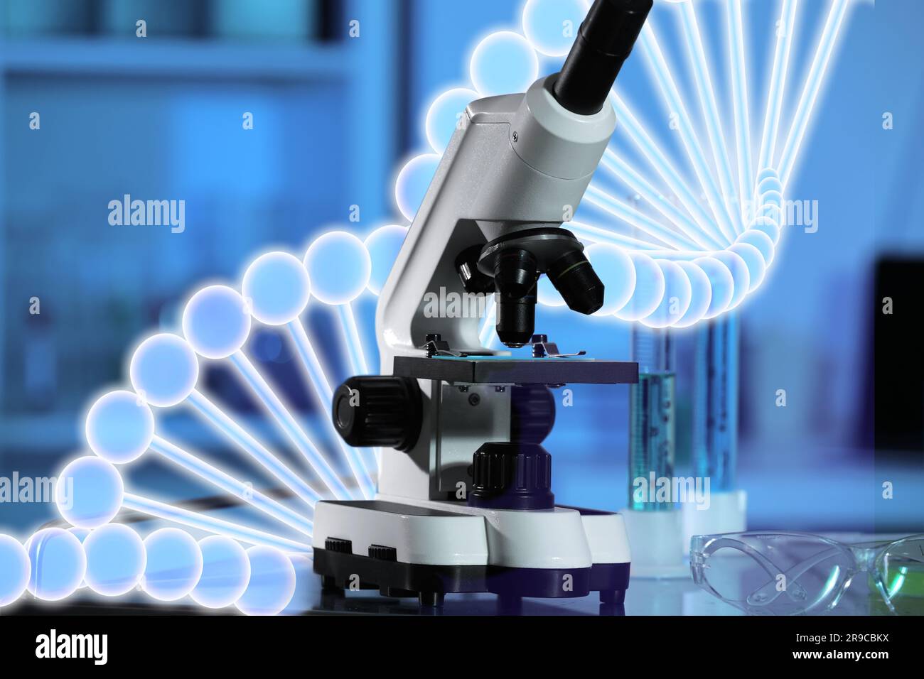 Genetic testing. Microscope and illustration of DNA structure in ...