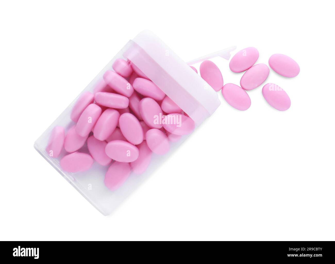 Tasty pink dragee candies with box on white background, top view Stock ...