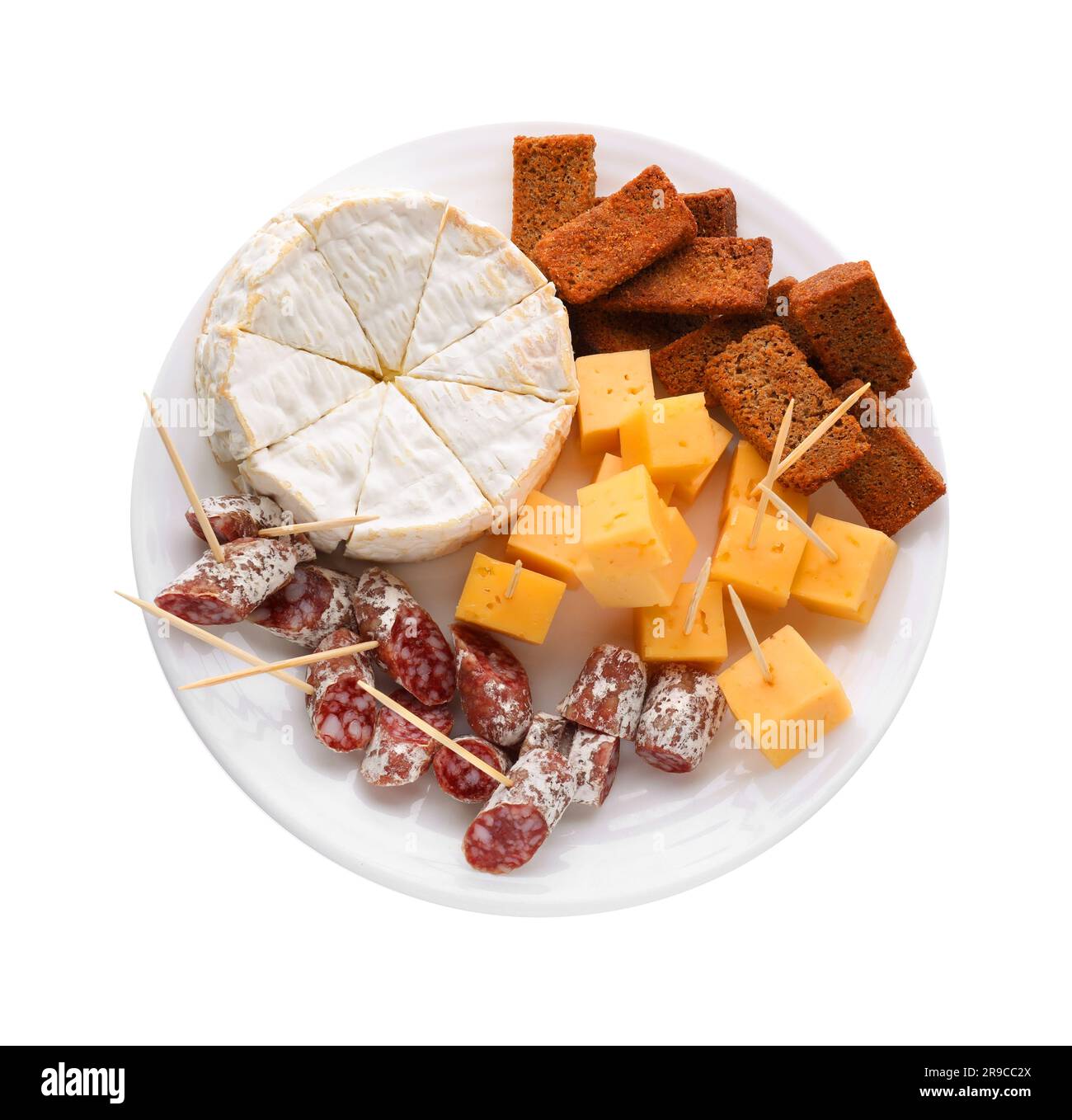 Toothpick appetizers. Tasty cheese, sausage and croutons on white ...