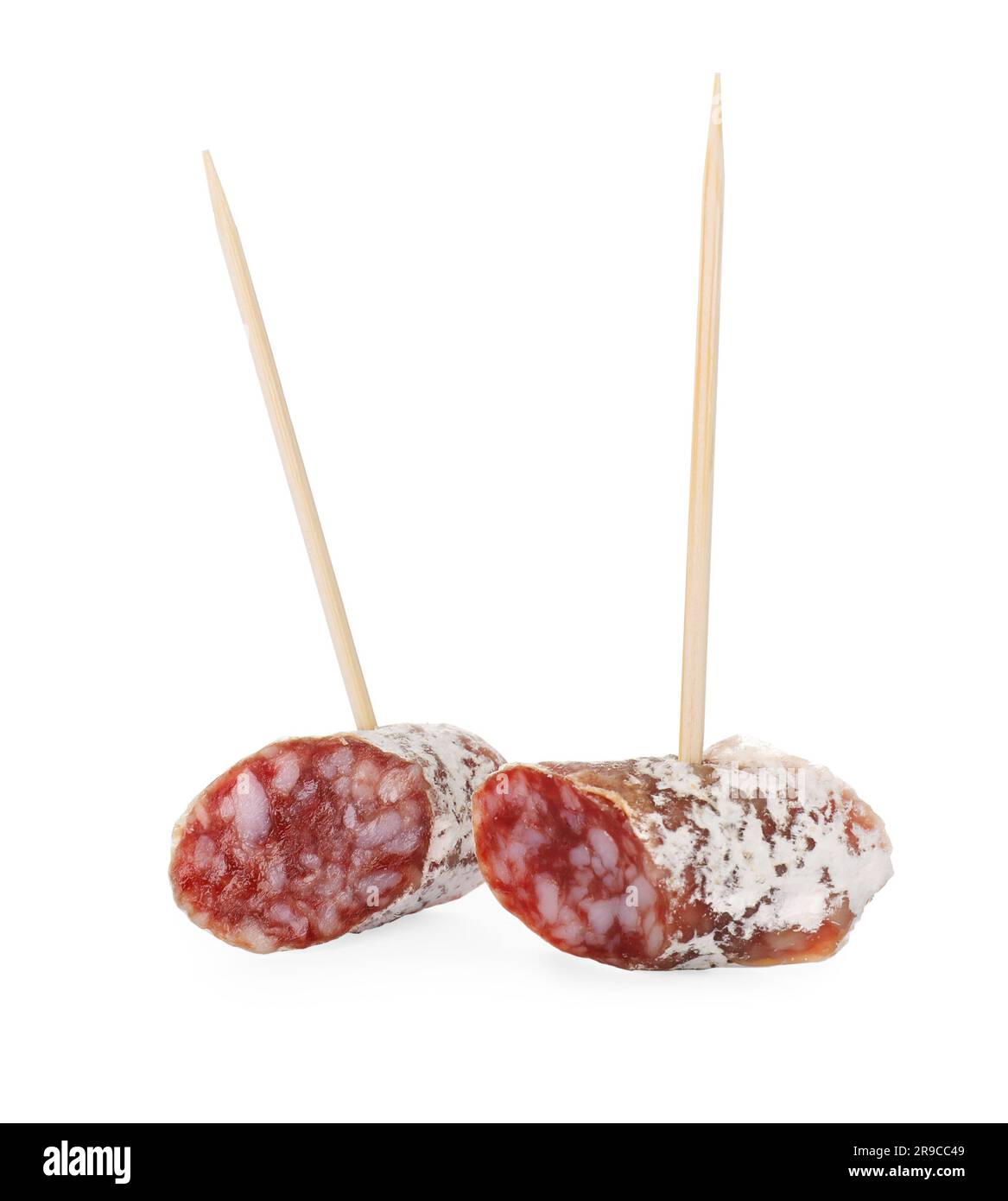 Toothpick appetizers. Tasty sausage pieces on white background Stock ...