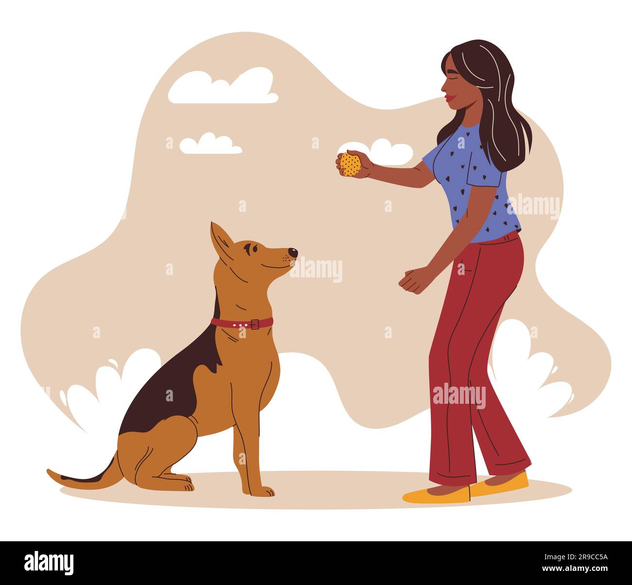 Girl plays with her dog with a brushing toy. Raising awareness of oral ...