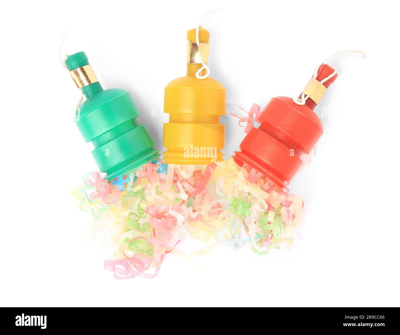 Colorful streamers with bright party crackers isolated on white, top ...