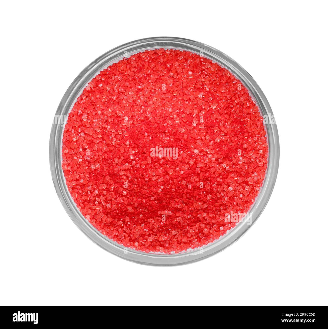 Glass bowl with bright red food coloring isolated on white, top view ...