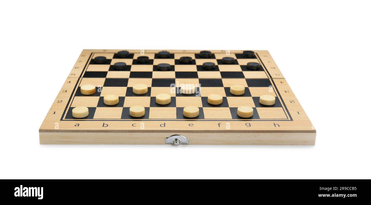 Wooden checkerboard with game pieces isolated on white Stock Photo - Alamy