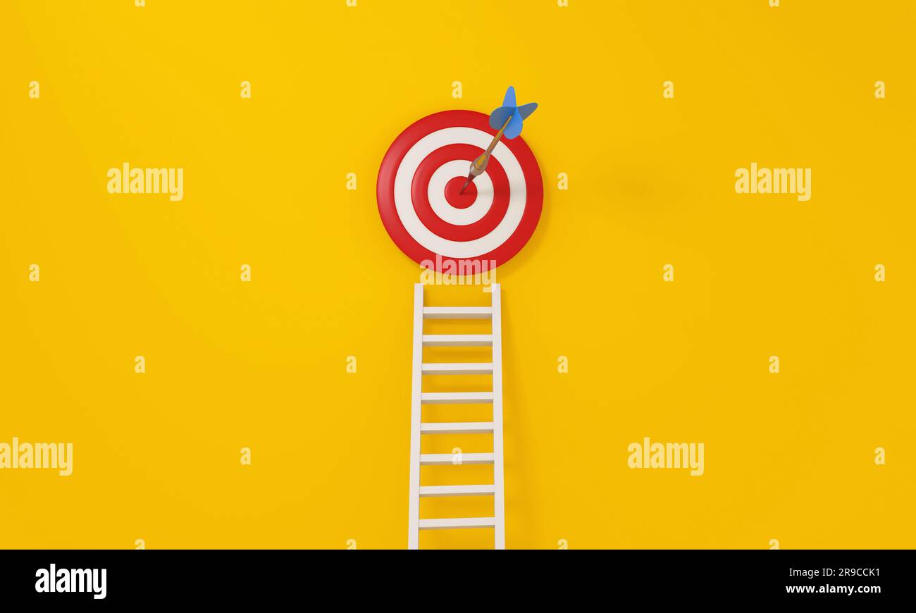 staircase with target in the center on yellow background. Achieving ...