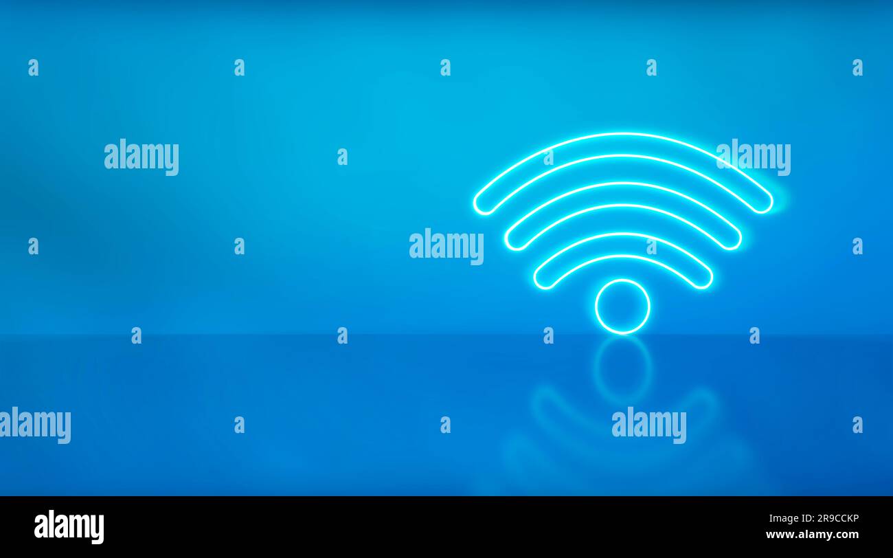 Neon wifi icon. wireless internet technology, laser show. 3d rendering ...