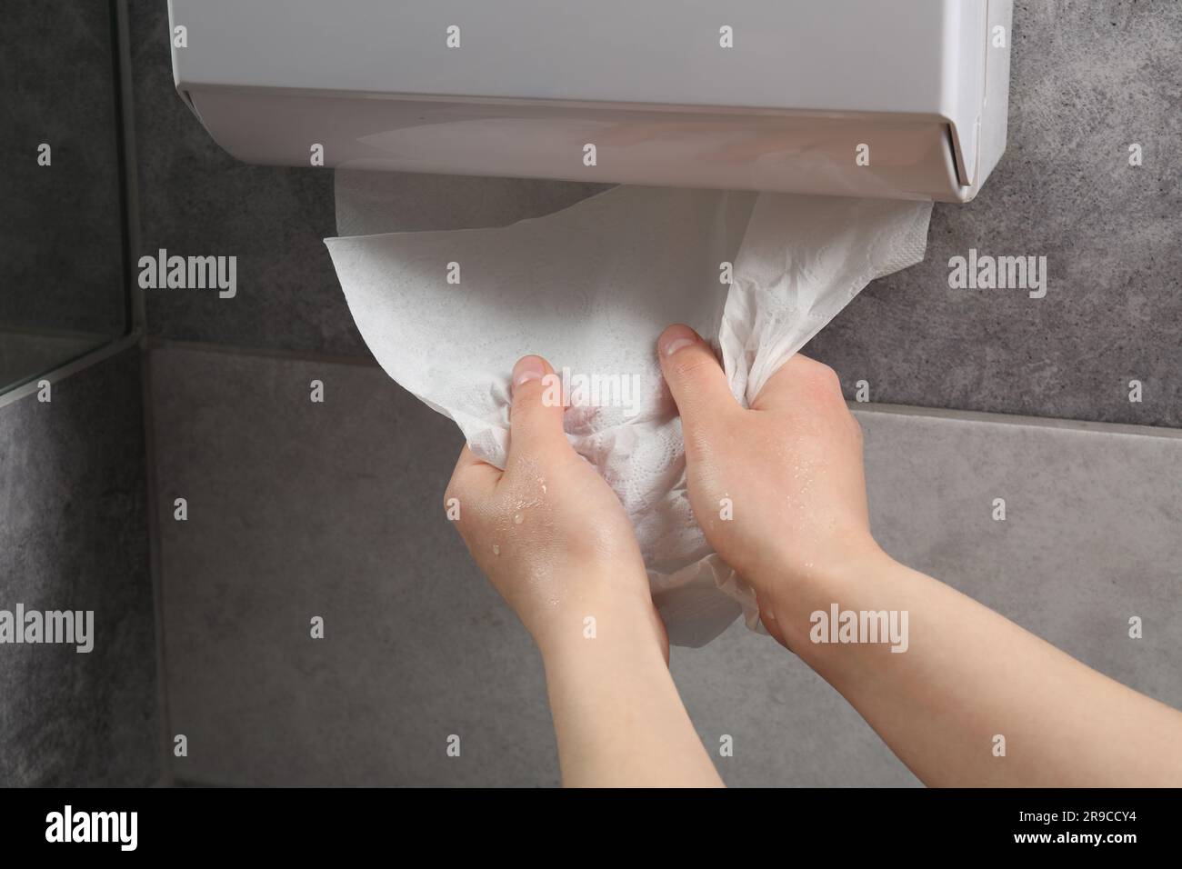 Woman taking new fresh paper towel from dispenser in bathroom, closeup ...