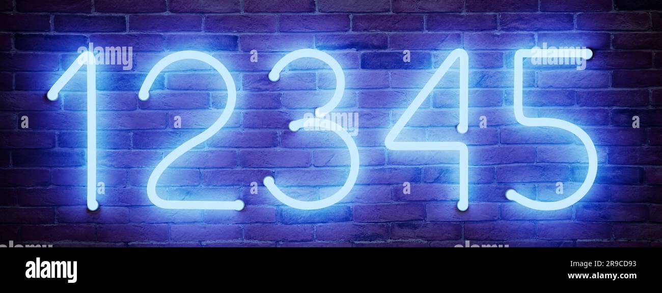 Glowing neon number (1, 2, 3, 4, 5) signs on brick wall Stock Photo - Alamy