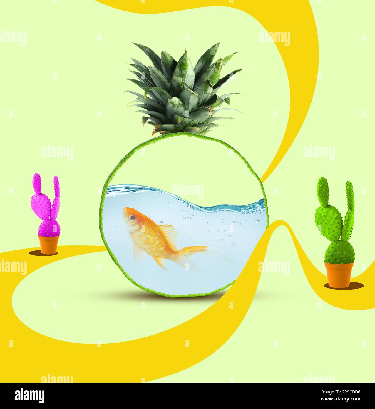 Creative collage design. Goldfish in aquarium between bright cactuses ...
