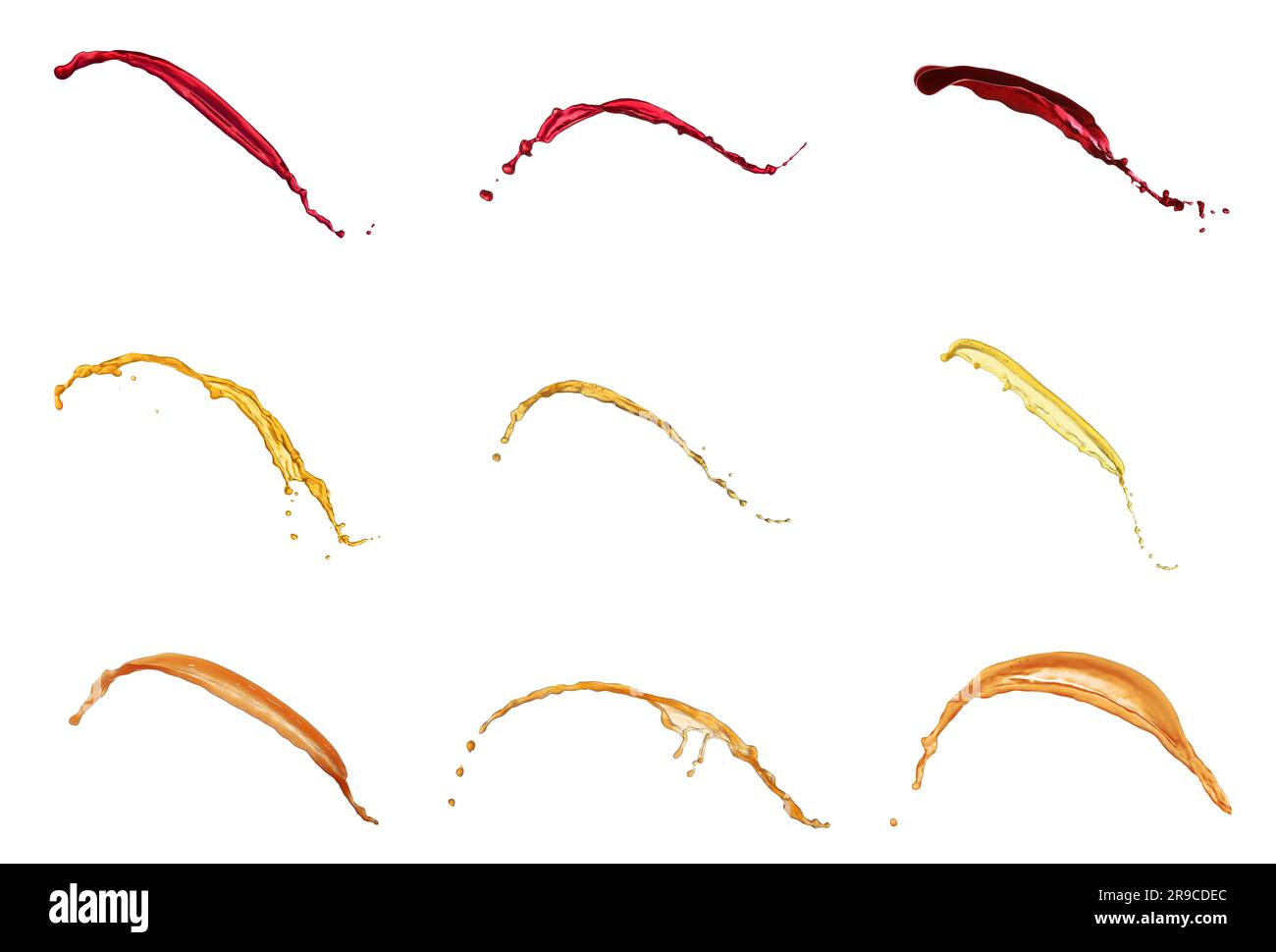 Collage with splashes of different juices isolated on white Stock Photo ...